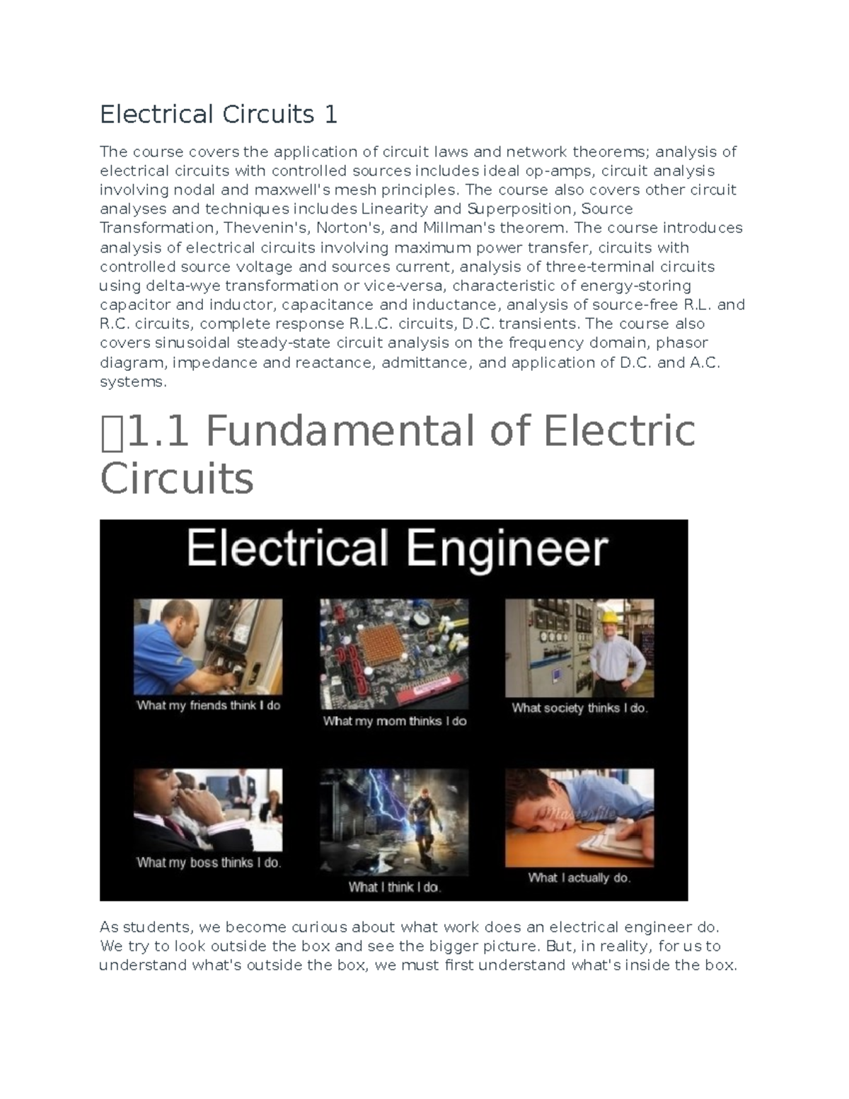 Electrical Circuits 1 - Lecture notes 1 - Electrical Circuits 1 The ...