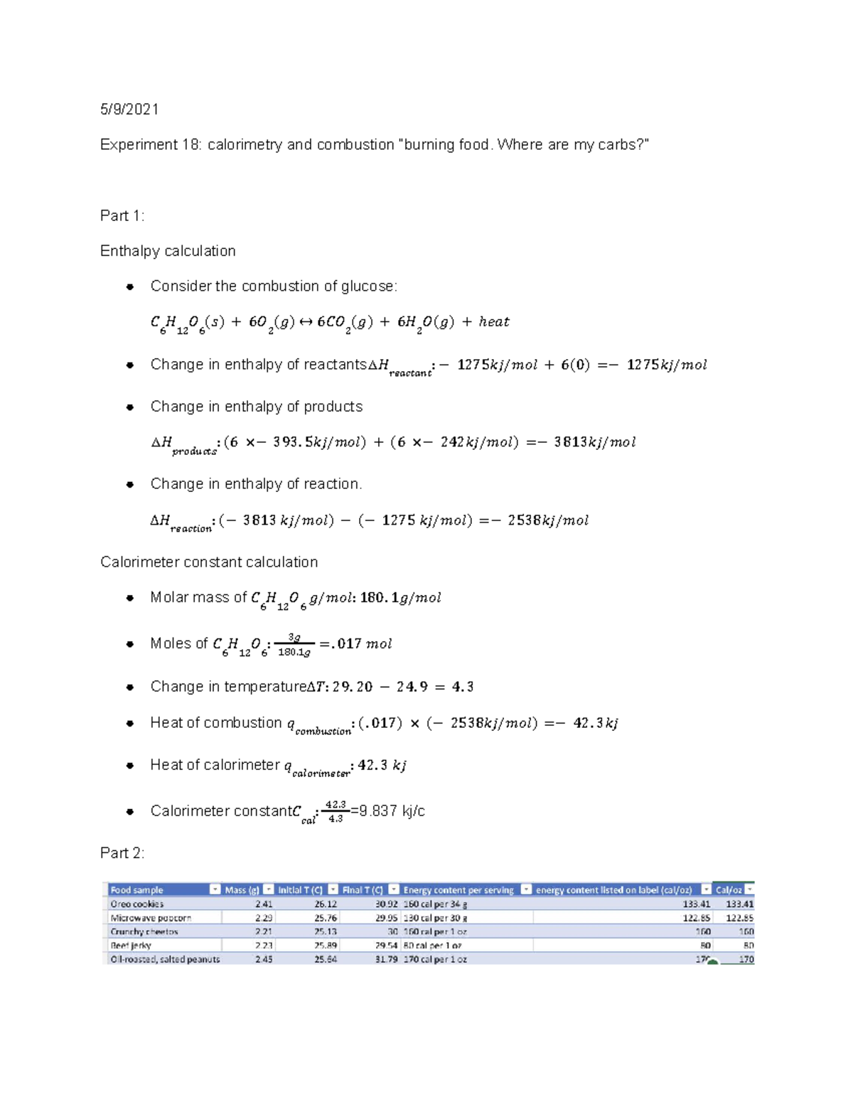 Lab 18: Calorimetry and Combustion Experiment Report - Studocu