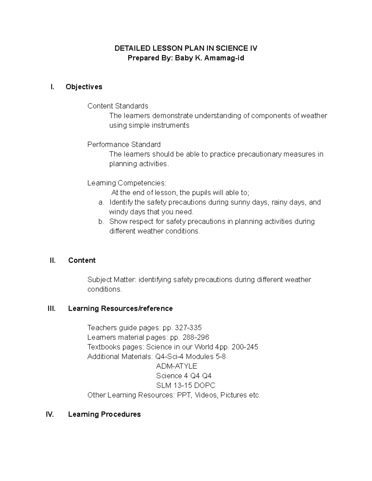 Detailed Lesson Plan in Science IV: Weather Safety Precautions - Studocu