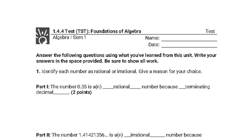 1.4.4 Test (TST): Foundations of Algebra I - Unit Assessment - Studocu