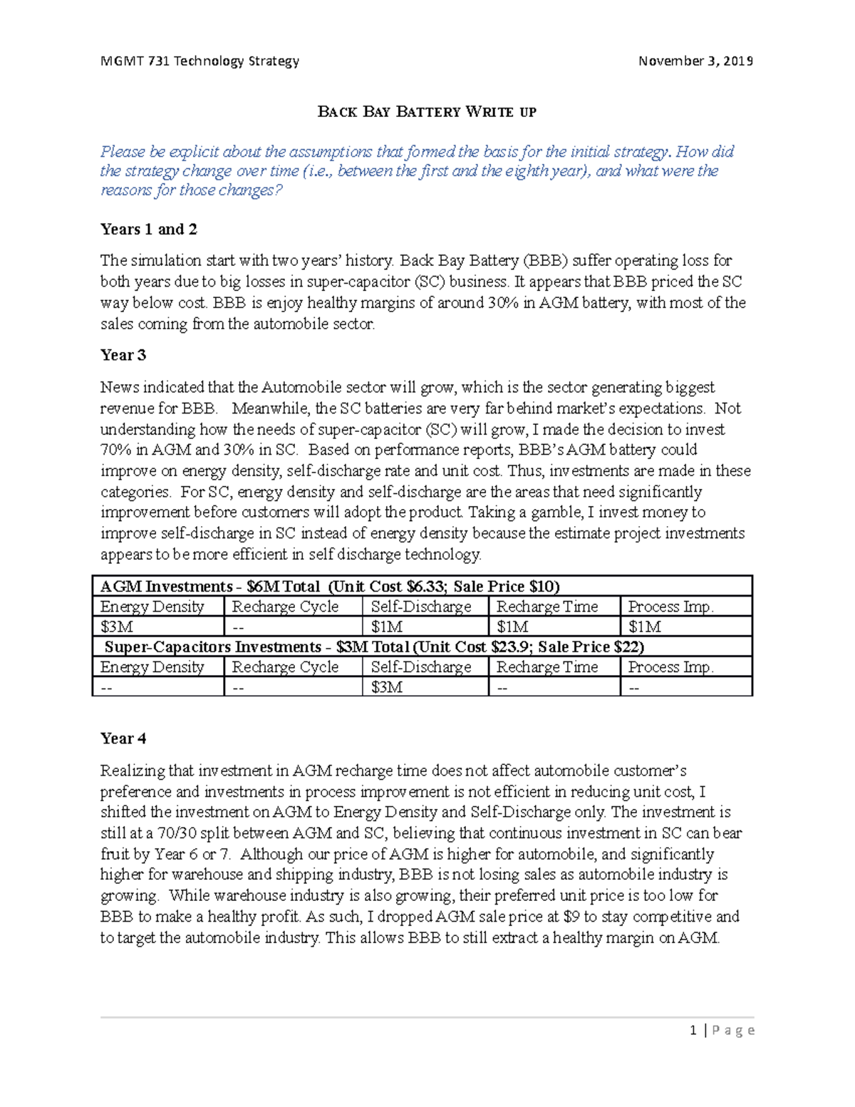 MGMT 731 Final Exam: Back Bay Battery Strategy Over Time Analysis - Studocu