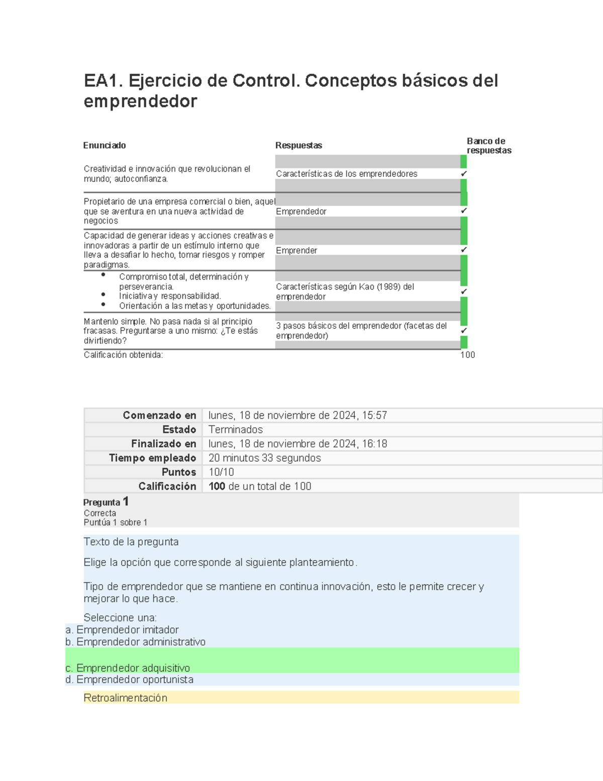 EA1 y EA2: Características del Emprendedor y Preguntas Clave - Studocu