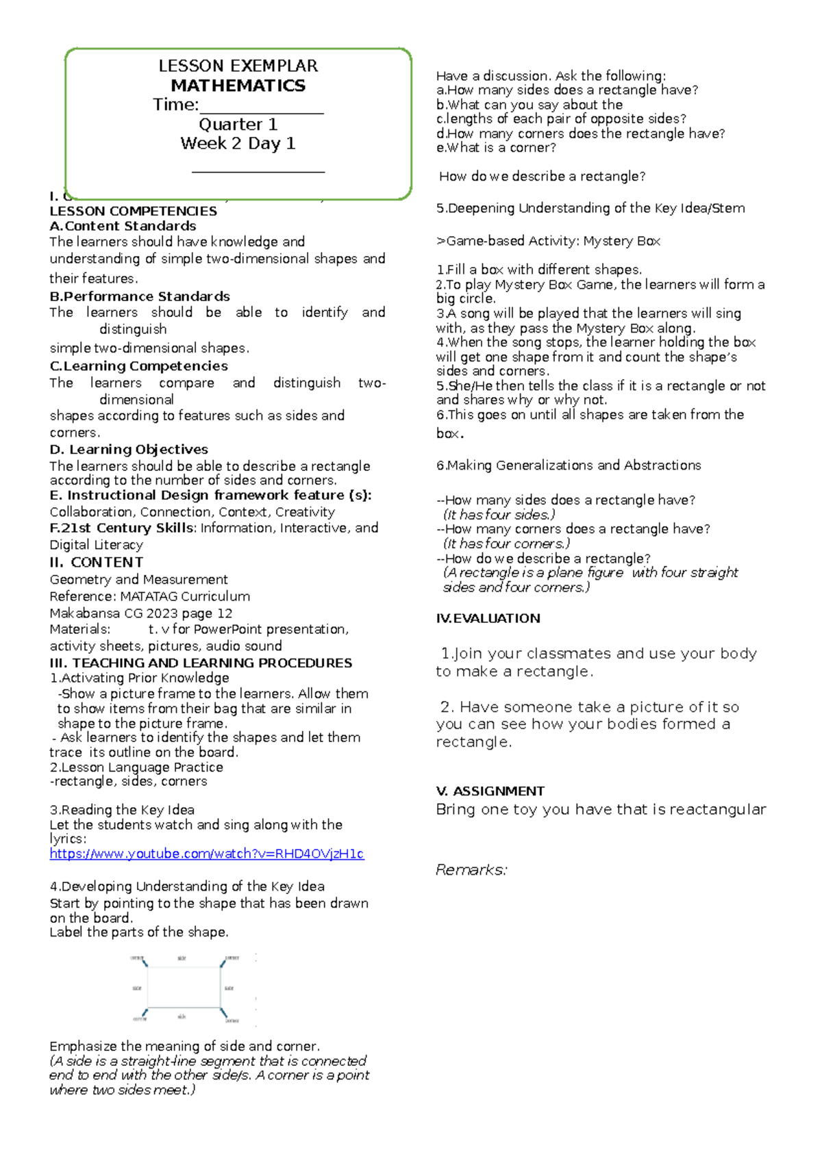 MATH Q1 WEEK 2 - GEOMETRY LESSON PLAN & ACTIVITIES - Studocu