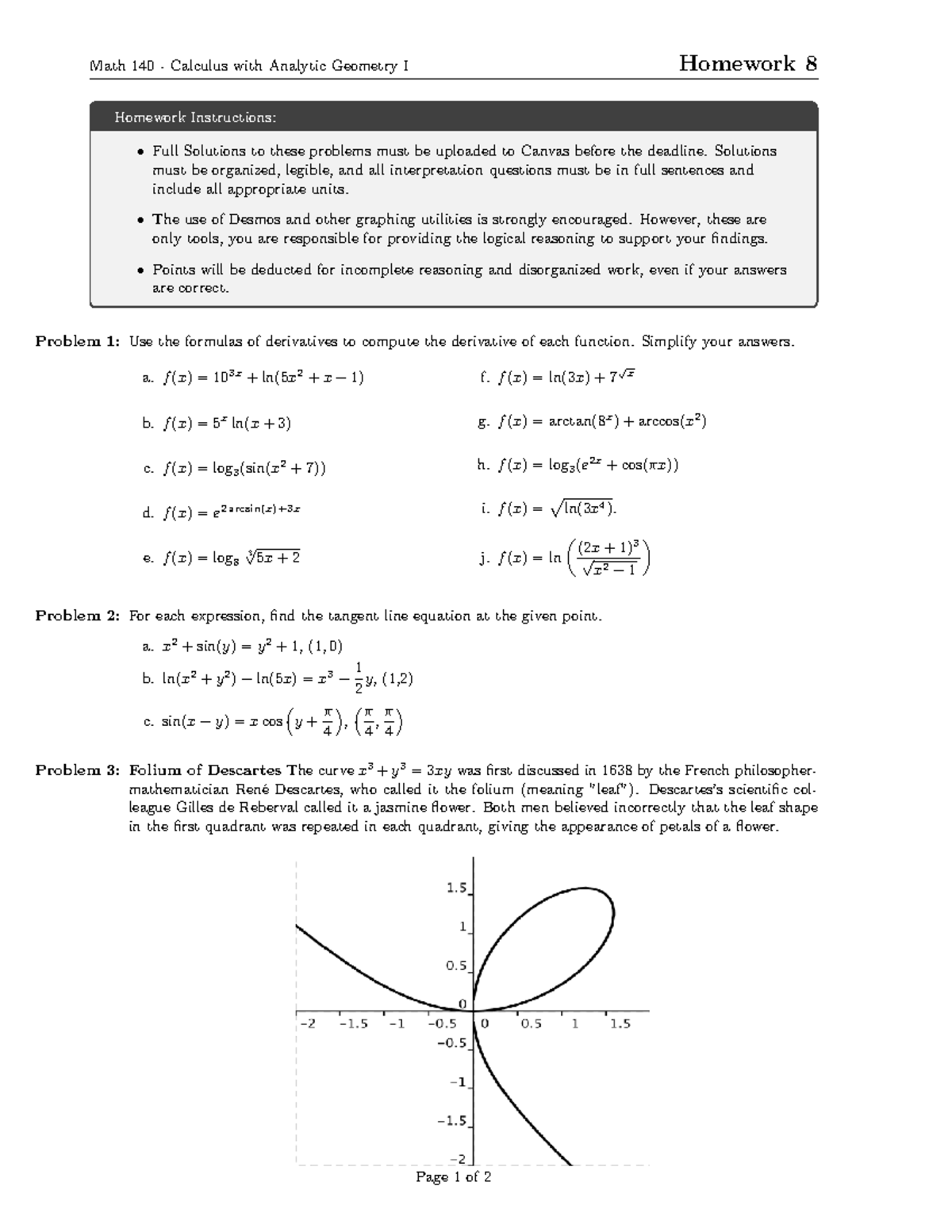 Homework 8 - Math 140: Calculus with Analytic Geometry I Solutions ...