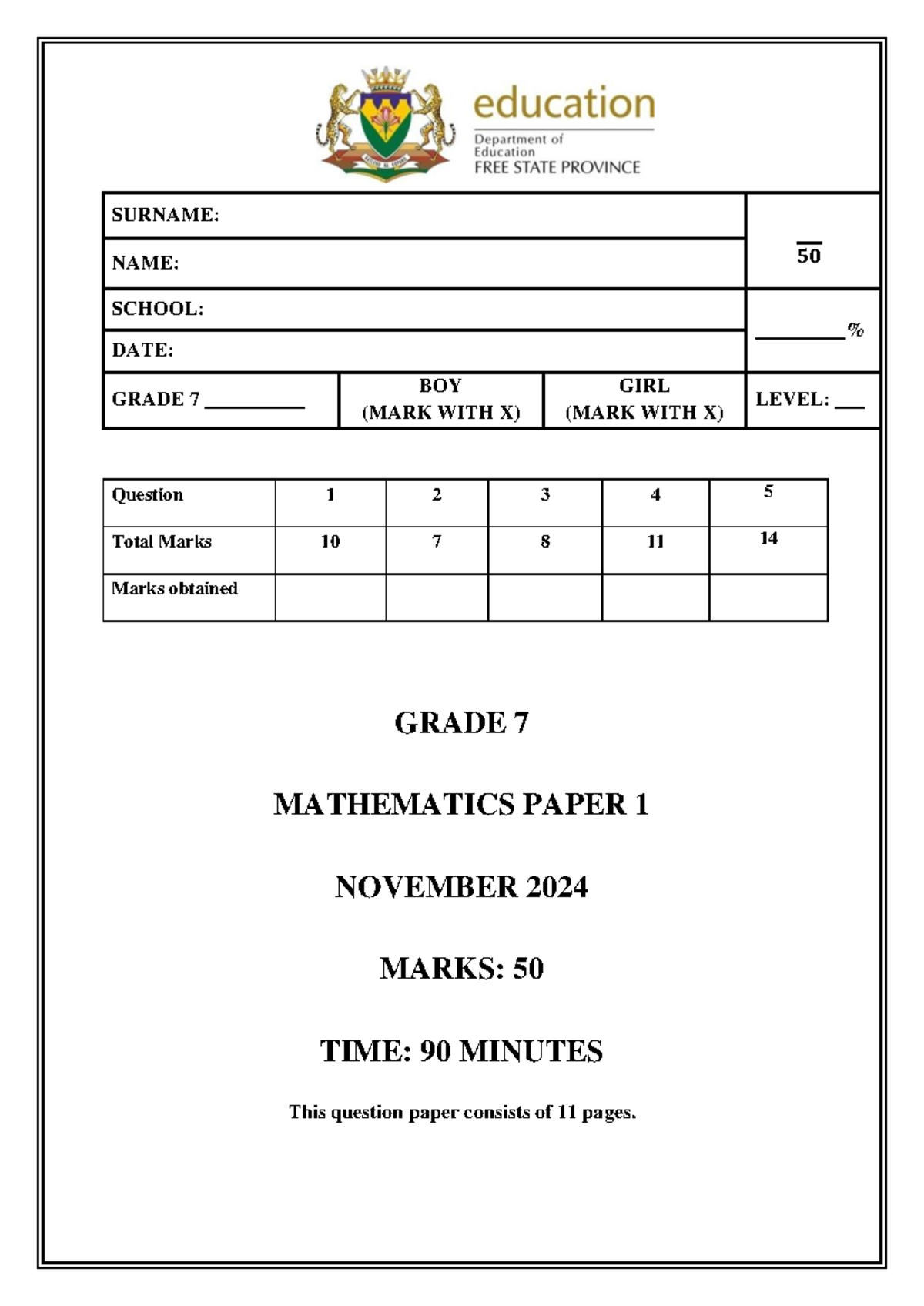 Grade 7 Mathematics Paper 1 Exam - November 2024 - Studocu
