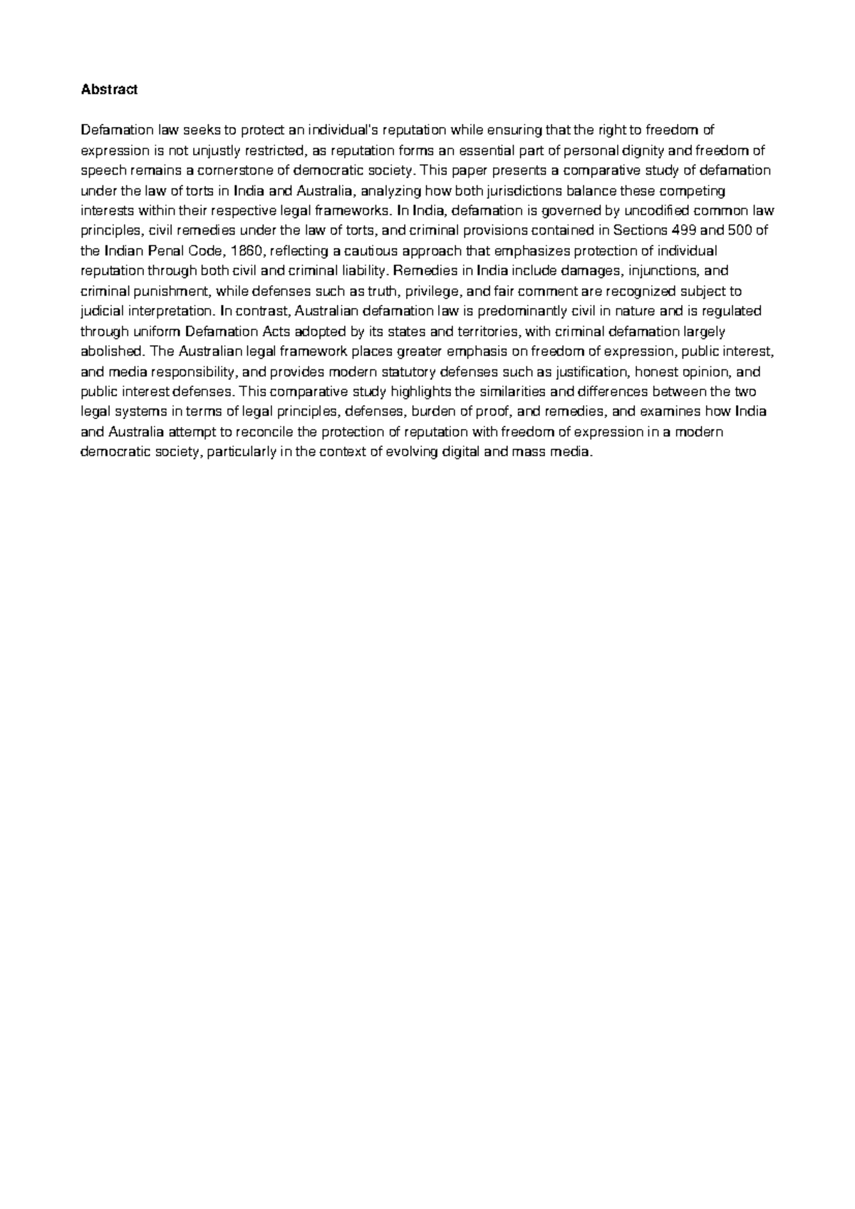 Defamation Law Comparison: India vs. Australia - Abstract - Studocu