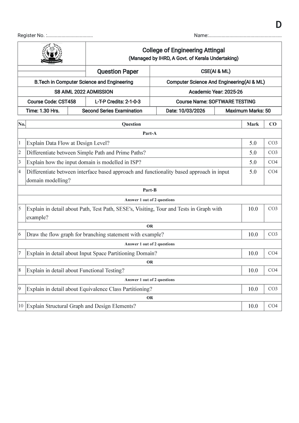 S8 AIML CST458 Software Testing Question Paper 2022 - Studocu