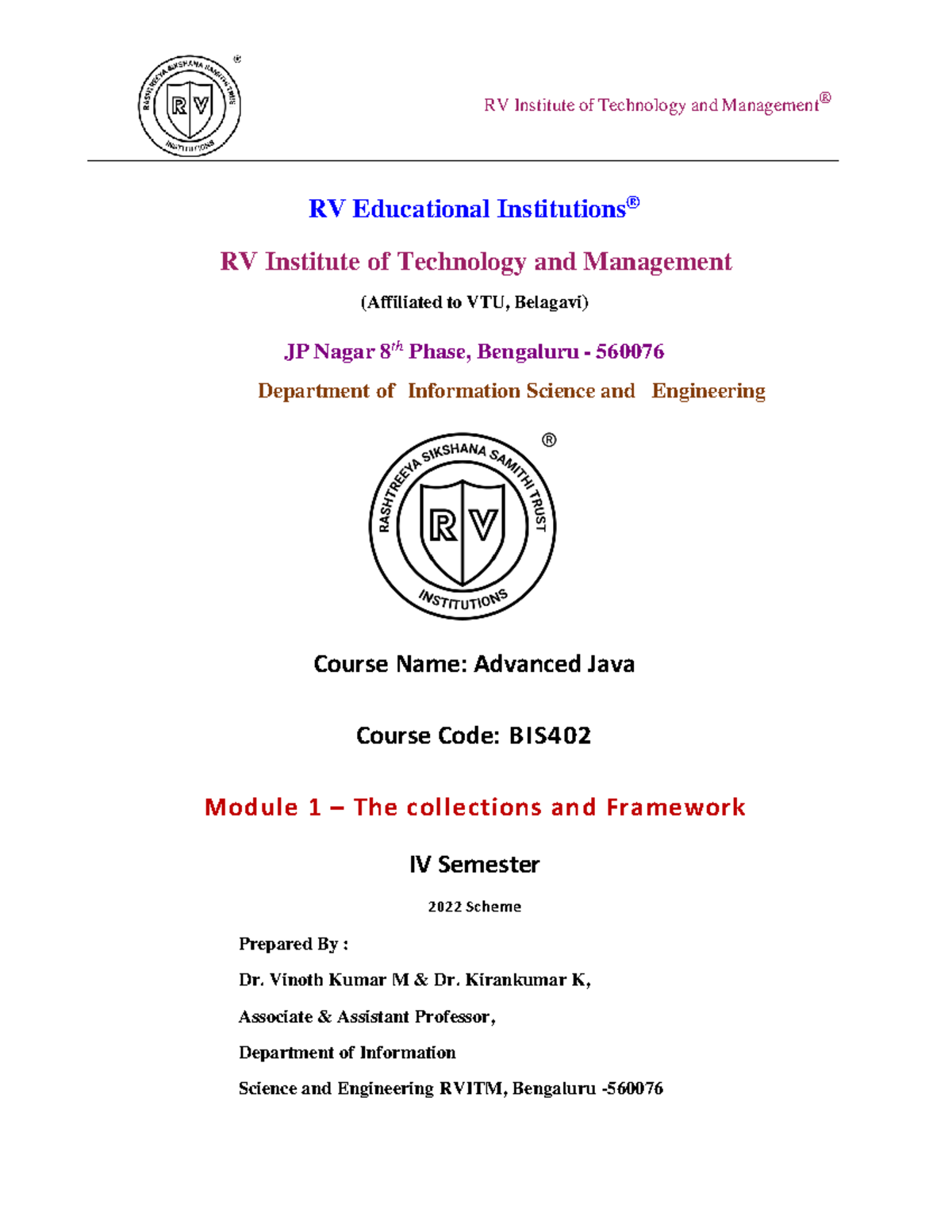 Advanced Java (BIS402) Module 1: Collections Framework Overview - Studocu