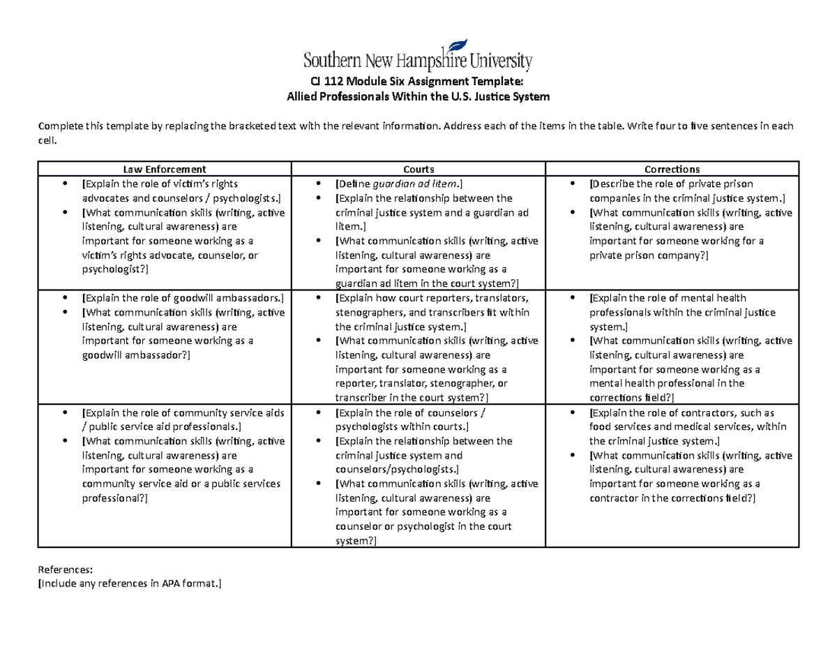 CJ 112 Module Six Assignment: Template for Allied Professionals in ...