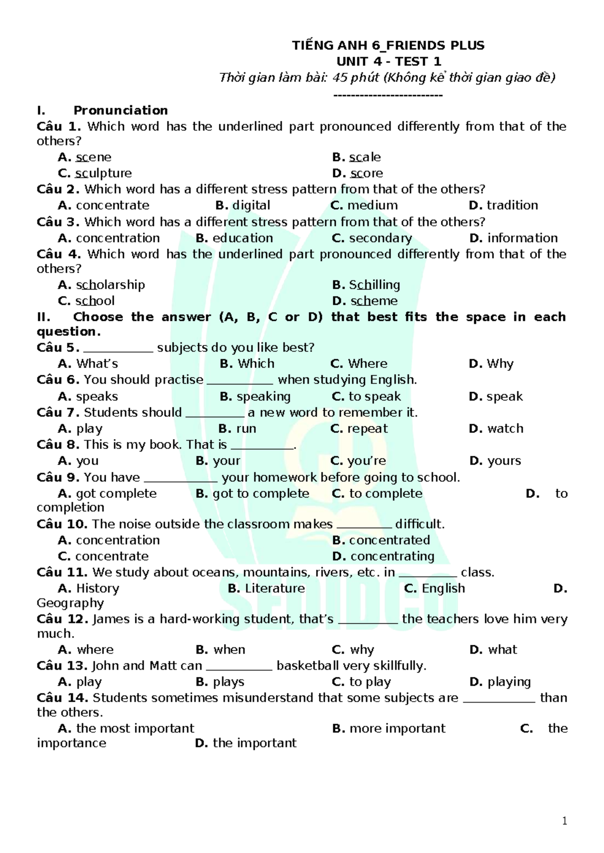 Friend plus 6 grammar - TIẾNG ANH 6_FRIENDS PLUS UNIT 4 - TEST 1 Thời ...