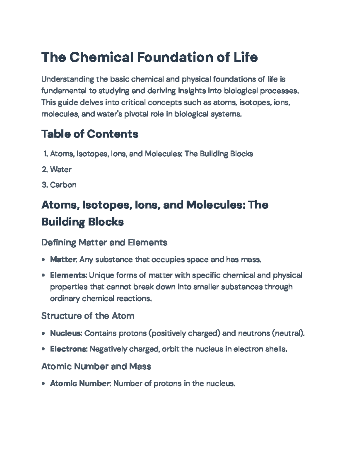 Chemical Foundations of Life: Atoms, Water, Carbon & Their Roles - Studocu