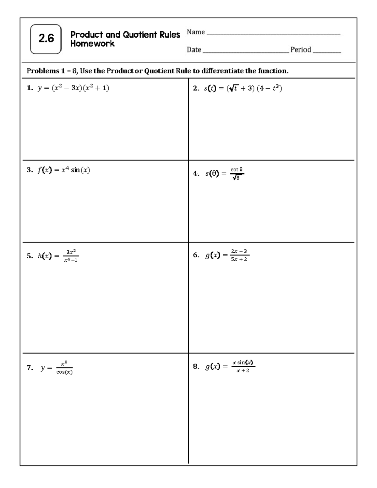 AP Calc 2.6 Homework: Product & Quotient Rules Problems 1-26 - Studocu