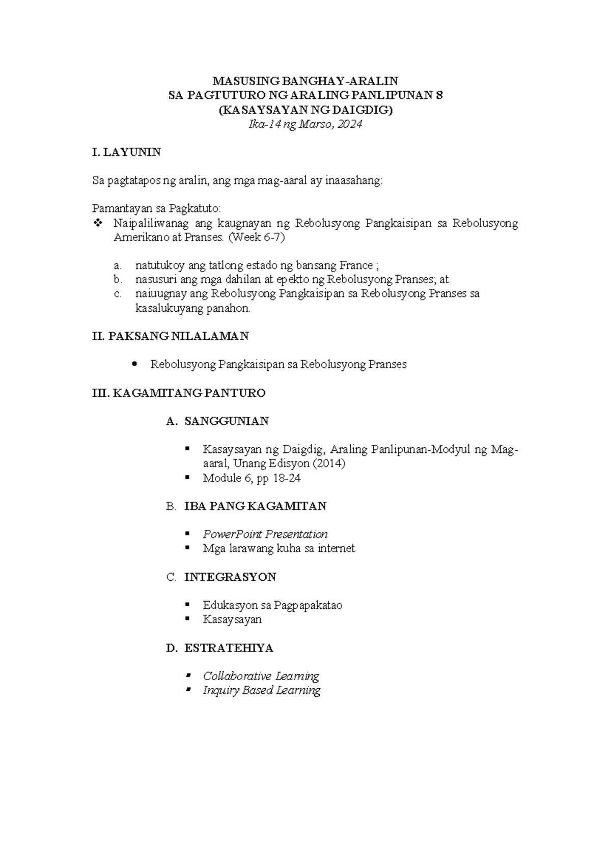 LP8-AP 6-7 Rebolusyong Pranses - Lesson Plan at Estratehiya - Studocu