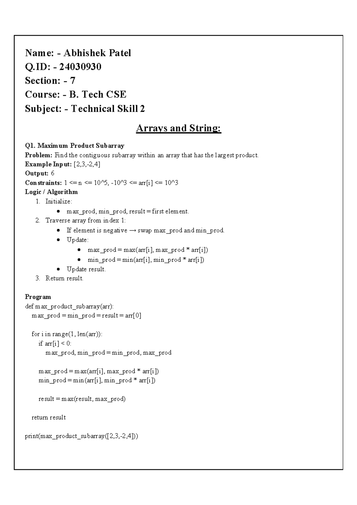 Technical Skill 2 (CSE) Assignment 2: Array & String Problems - Studocu