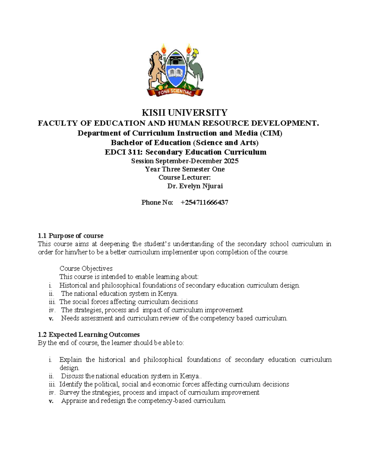 EDCI 311: Secondary Education Curriculum Course Outline - Studocu