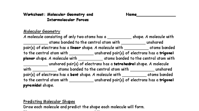 Worksheet: Molecular Geometry & Intermolecular Forces (CHEM 5.19) - Studocu