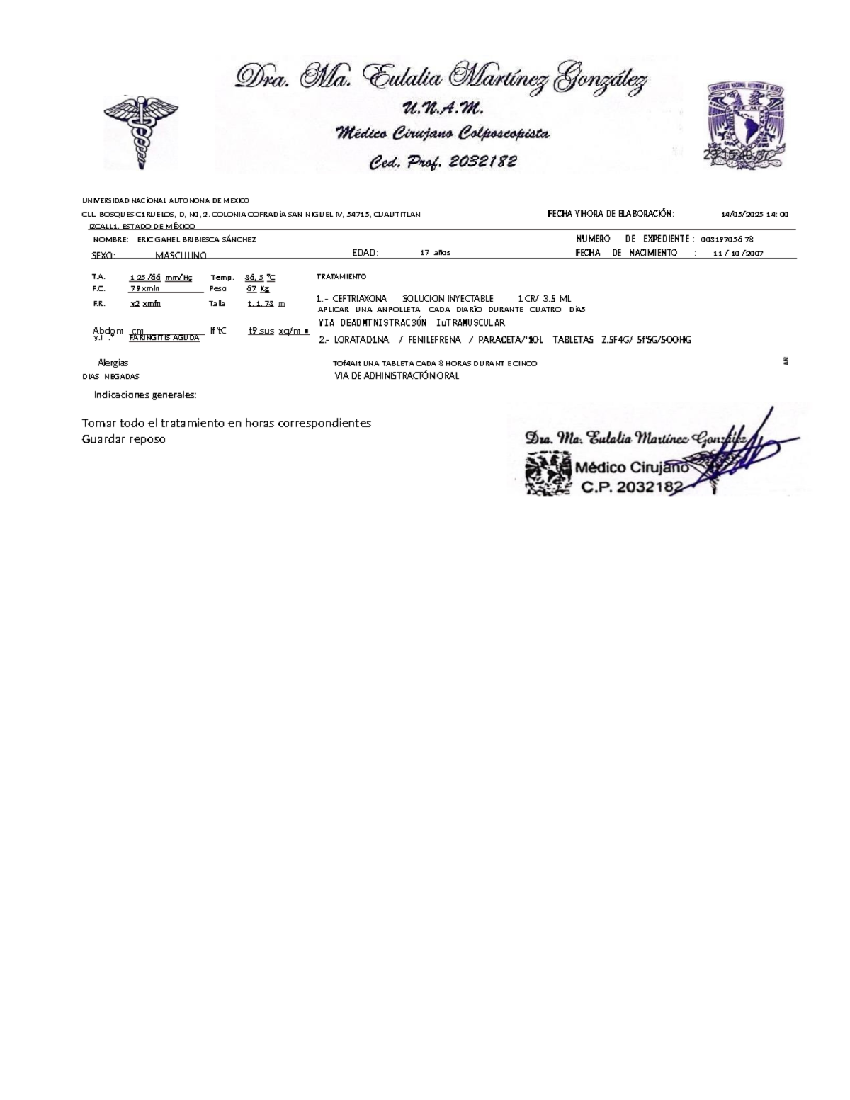 Receta Médica: Tratamiento para Faringitis Aguda - ADAE8C74 - Studocu