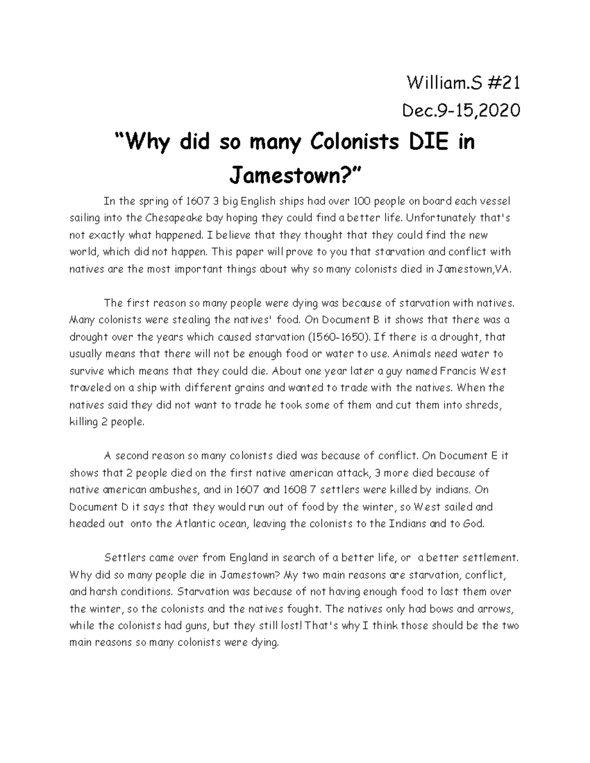 Jamestown DBQ - jklh - William Dec-15, “Why did so many Colonists DIE ...