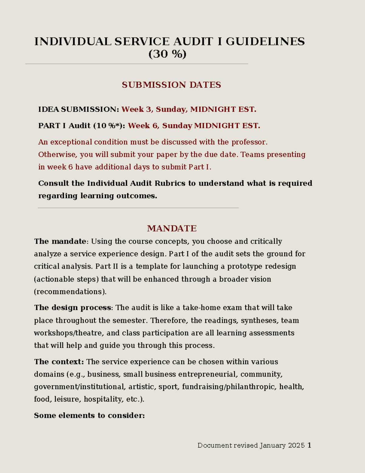Individual Service Audit I Guidelines (MKT 451) - Submission Details ...
