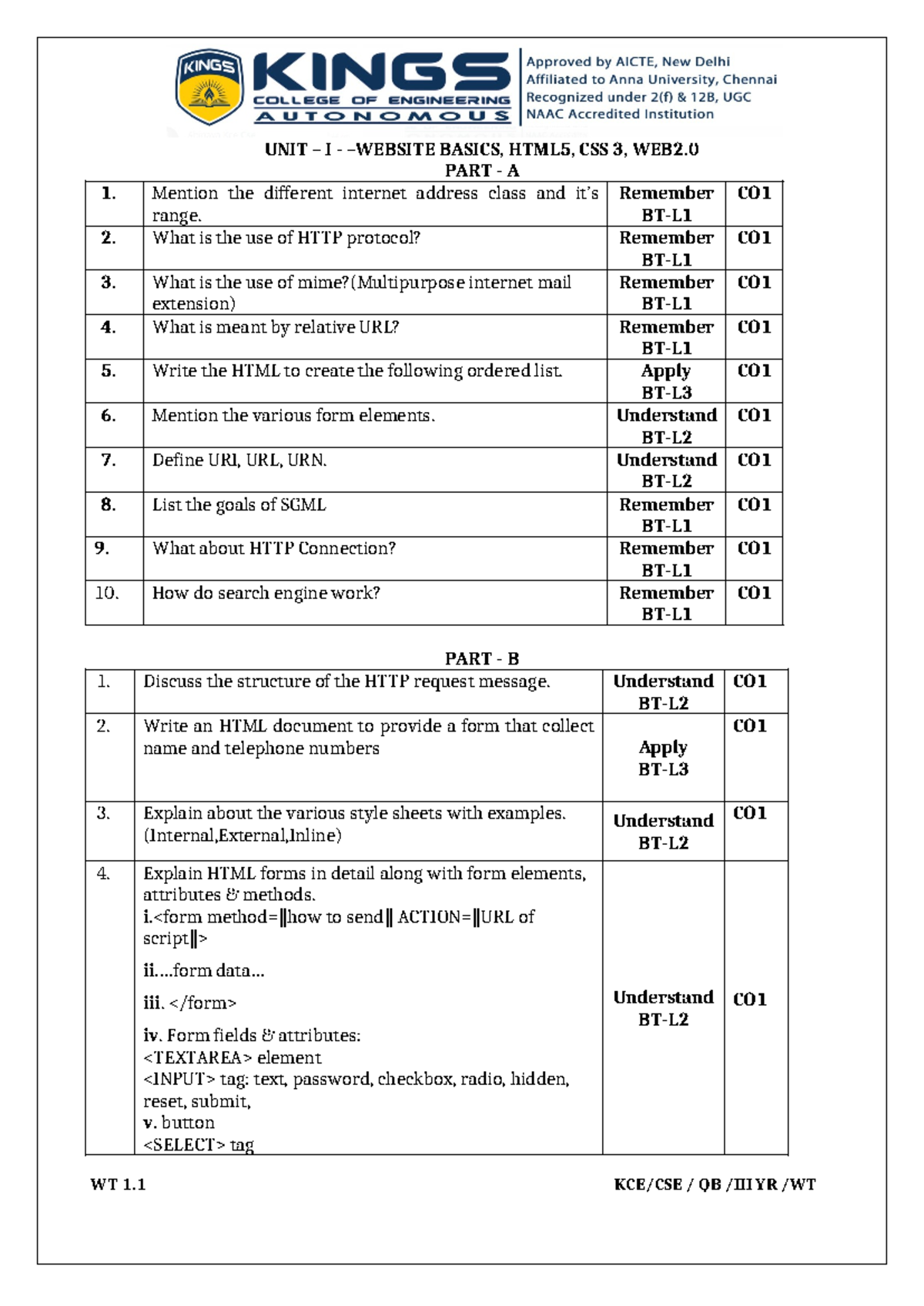 CCS375 - WEB Technologies: Unit I Basics, HTML5, CSS3, and Client-Side - Studocu