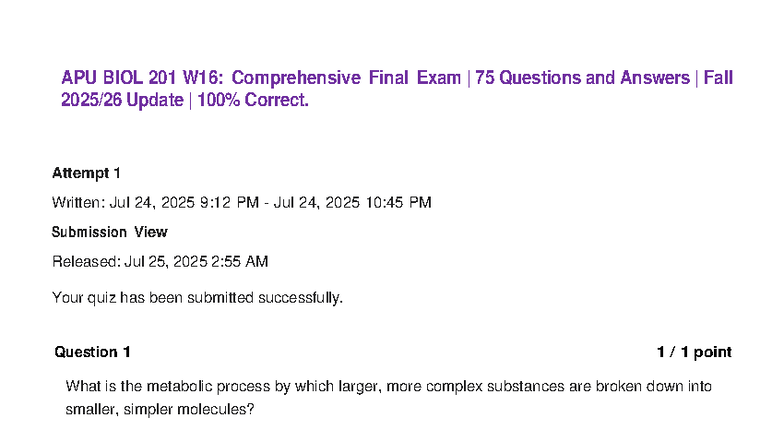APU BIOL 201 W16: Comprehensive Final Exam Review with 75 Q&As - Studocu