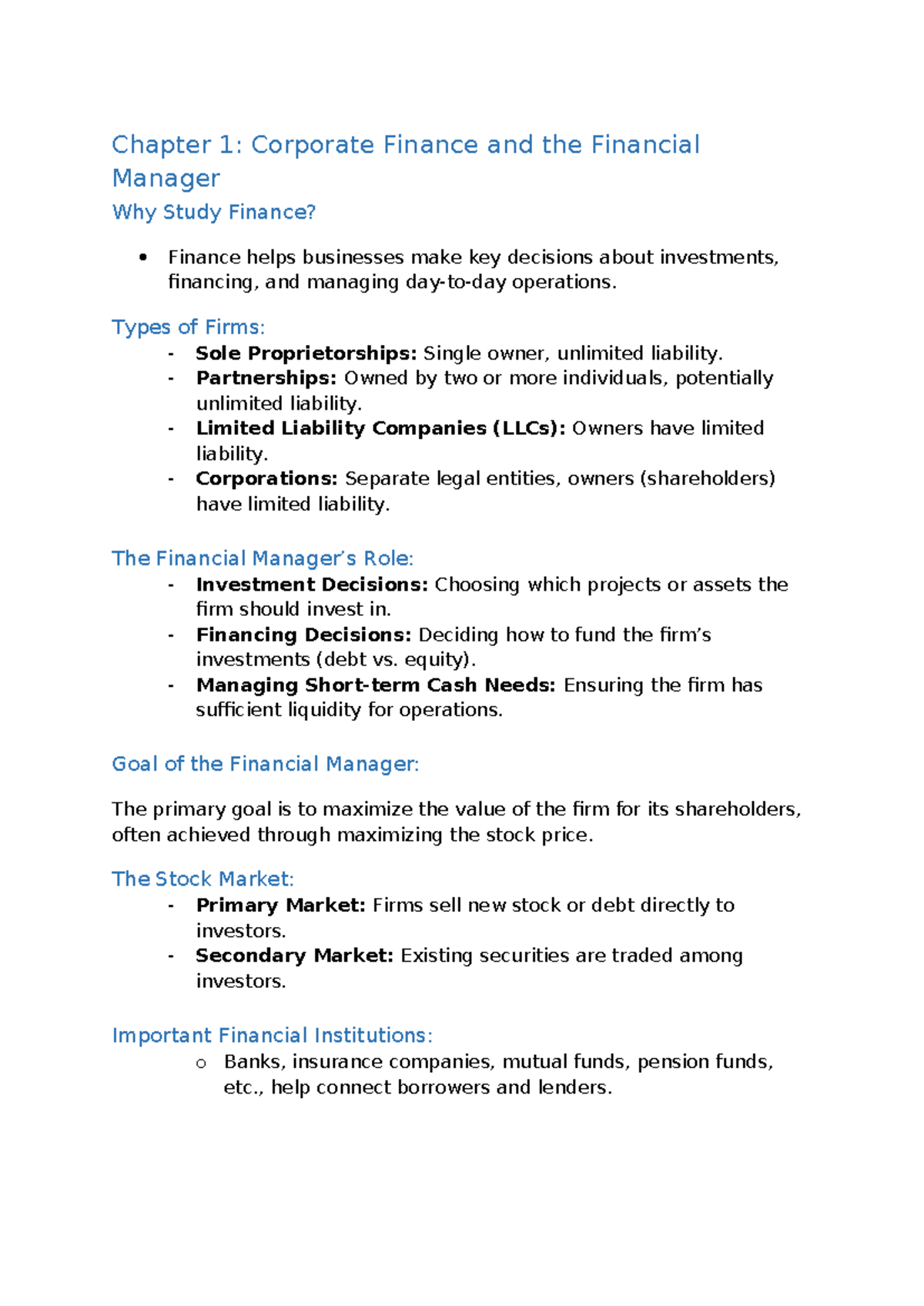 Eksamensnotater Corporate Finance - Chapter 1: Corporate Finance and ...