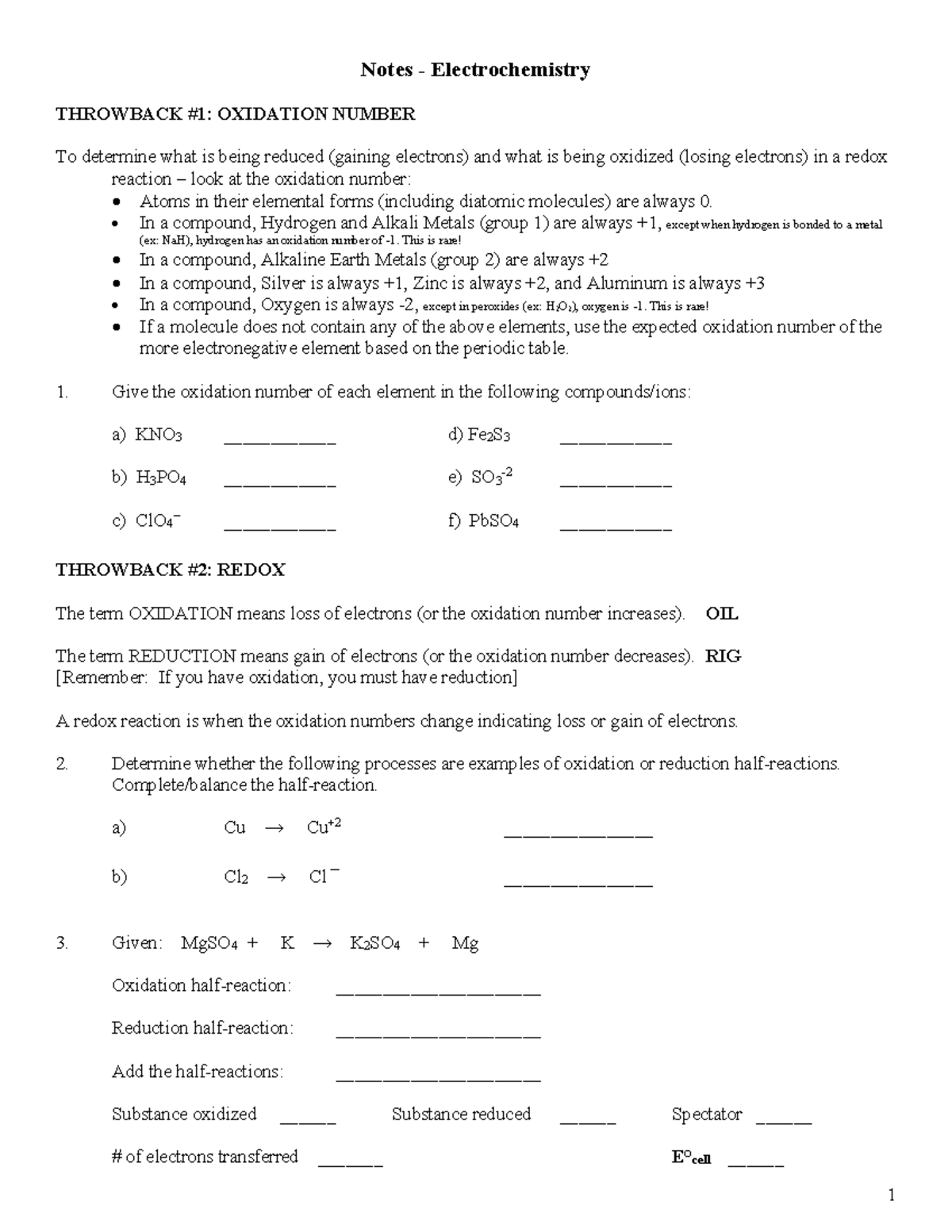 Electrochemistry Notes and Calculations for AP Chemistry (Course Code ...