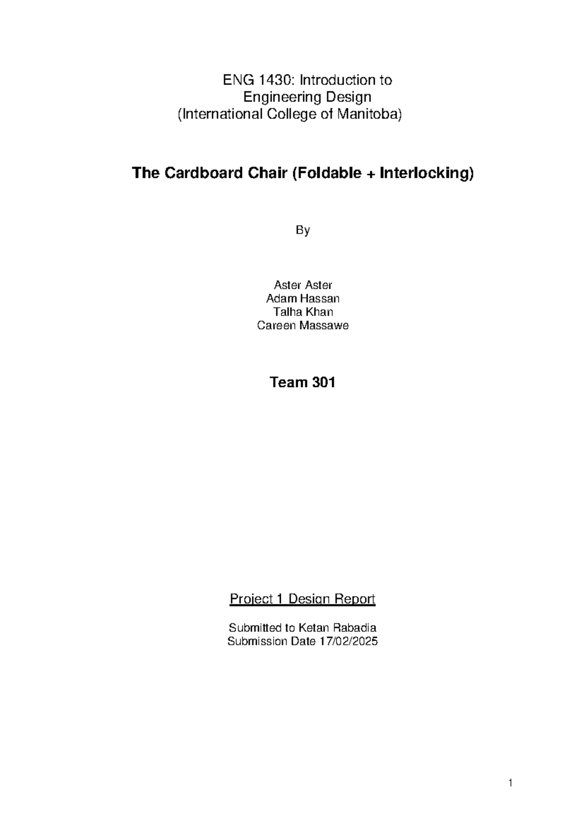 ENG 1430: Design Report on Foldable Cardboard Chair for Students - Studocu