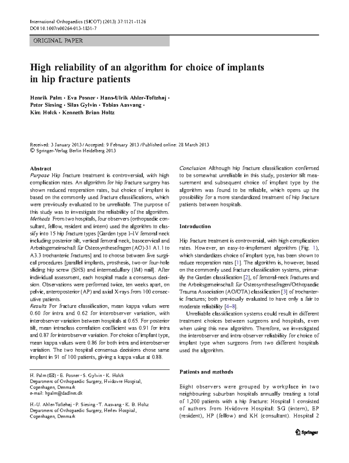High Reliability of Implant Choice Algorithm in Hip Fracture Surgery ...