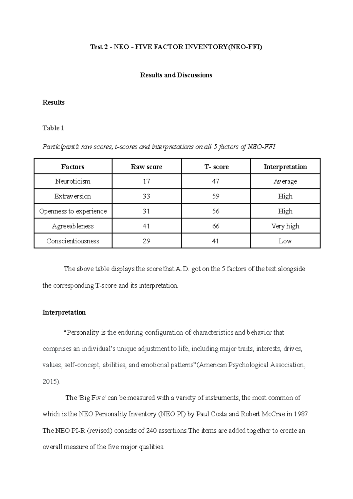 NEO-FFI Practical Report: Results, Interpretations, and Insights - Studocu