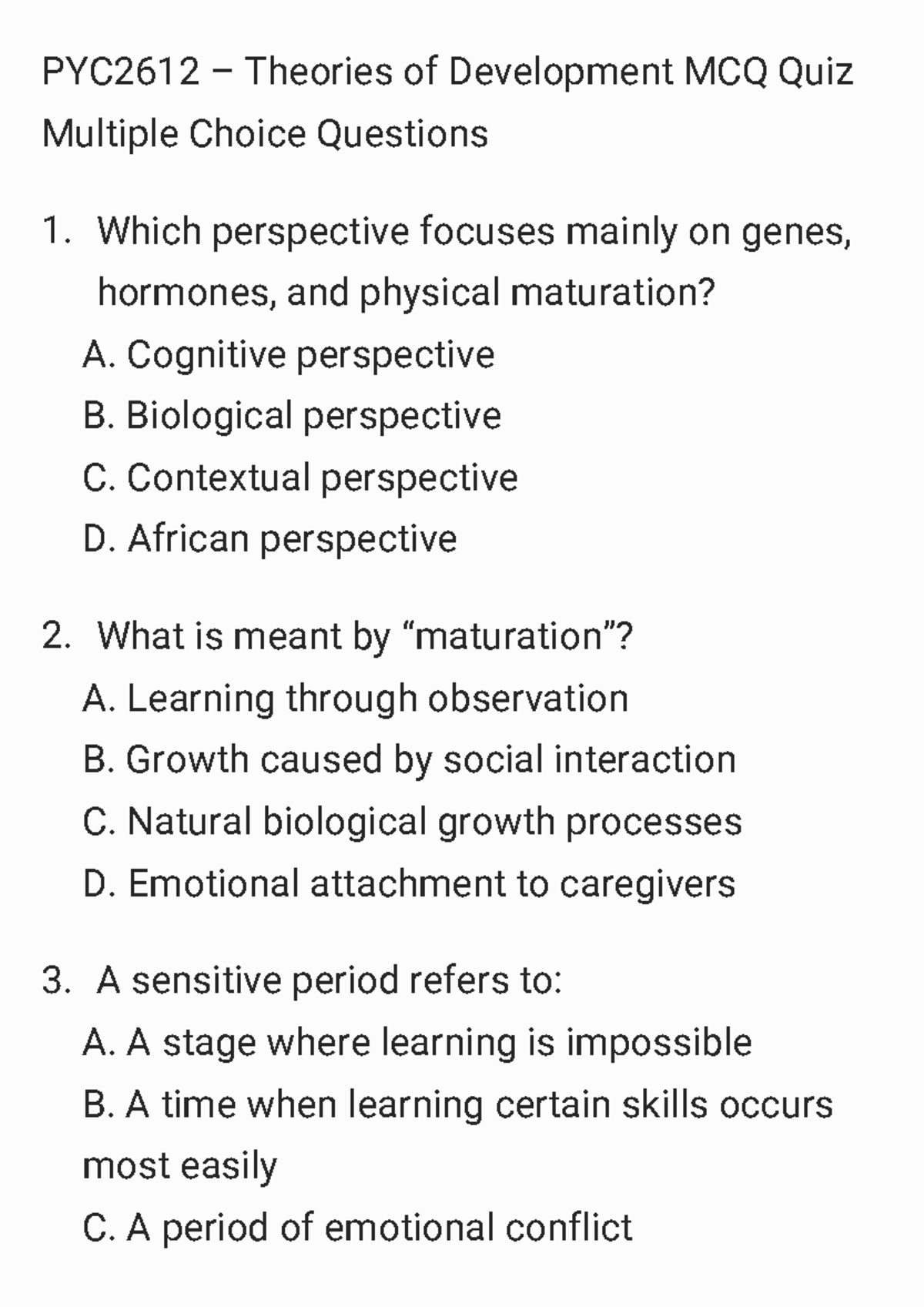 PYC2612 Theories of Development MCQ Practice Questions - Studocu