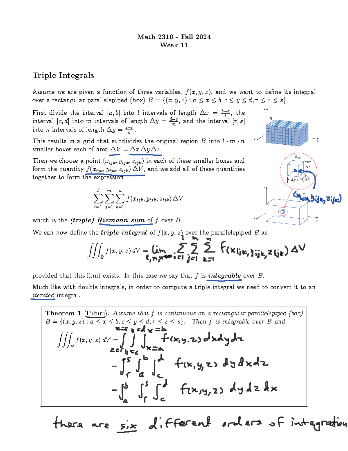 Intro to Triple Integrals - Math 2310 - Fall 2024 Week 11 Triple Integrals Assume we are given a ...