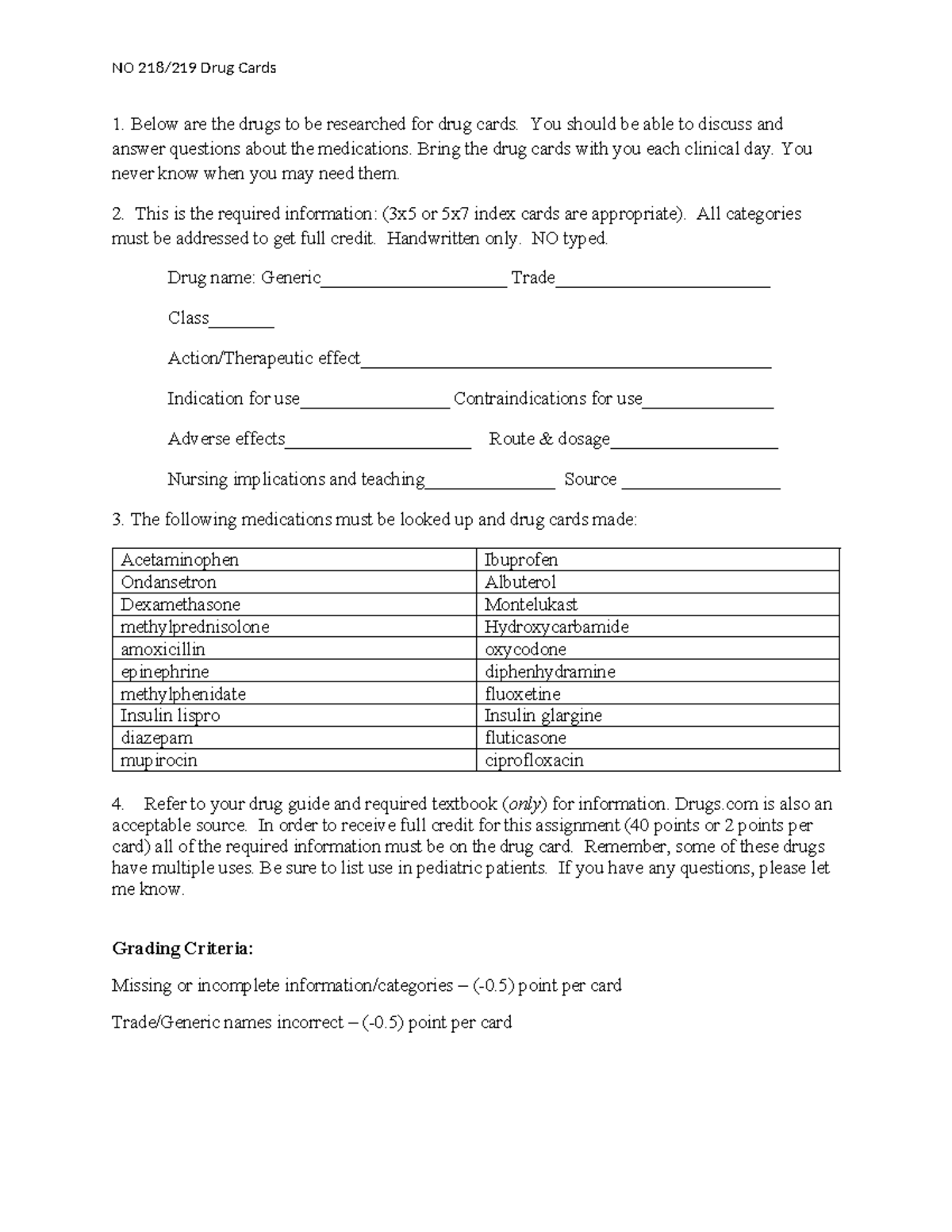 NO 218 Drug Cards - NO 218/219 Drug Cards Below are the drugs to be ...