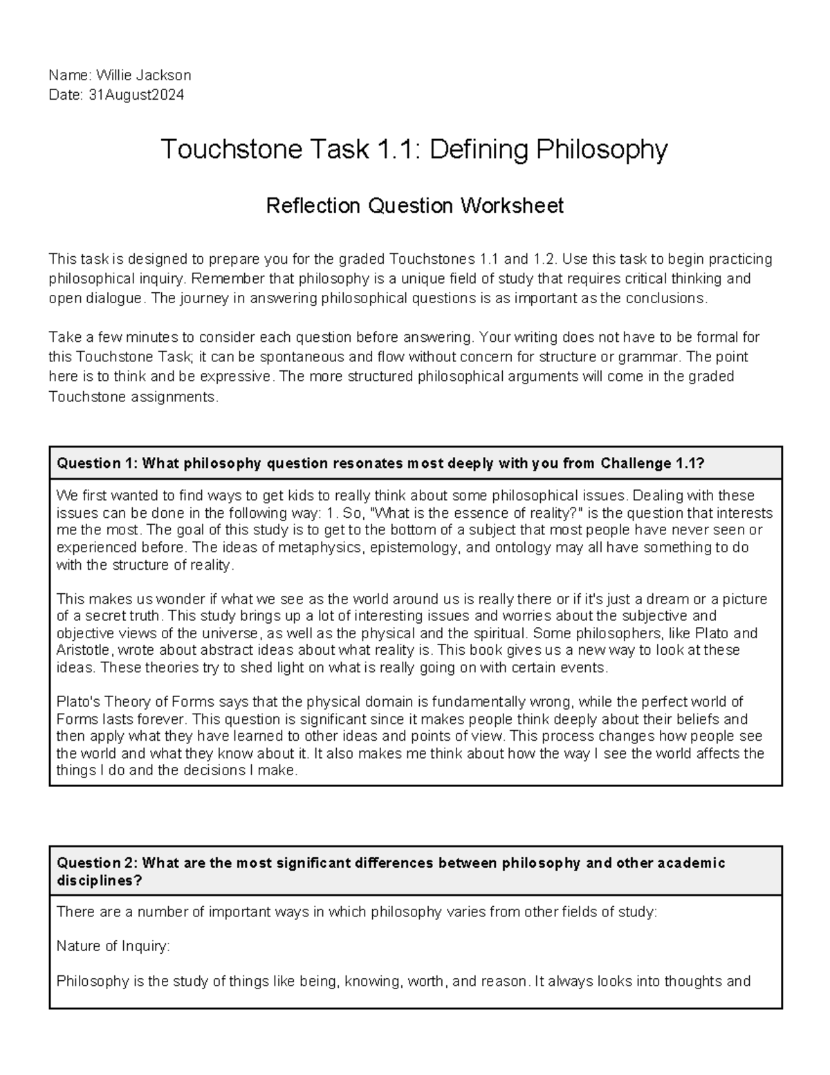 Ancient Greek Philosophers: Touchstone Task 1 Reflection Worksheet - Studocu