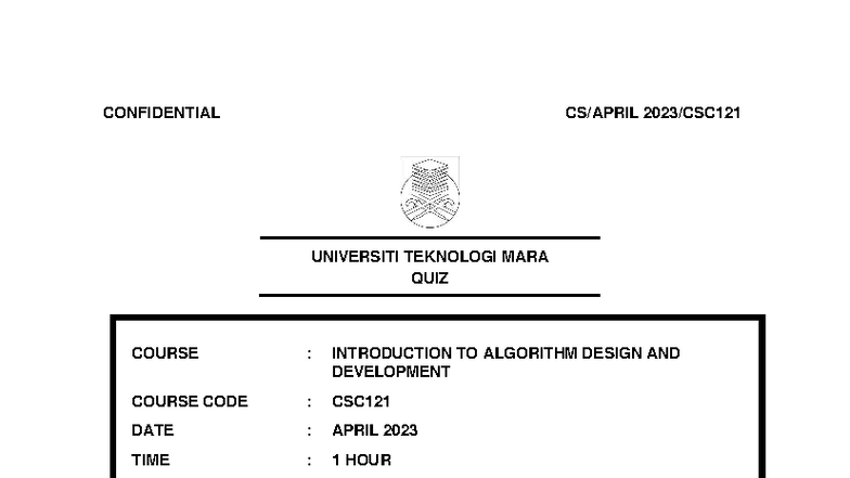 CSC121 Quiz: Introduction to Algorithm Design - April 2023 - Studocu