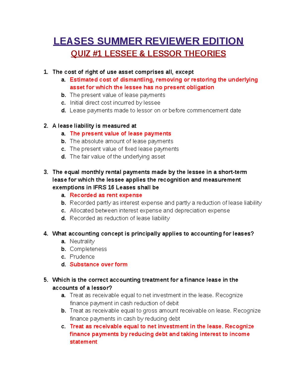 Leases Summary Quiz #1 (IA) for Lessee & Lessor Theories - Studocu