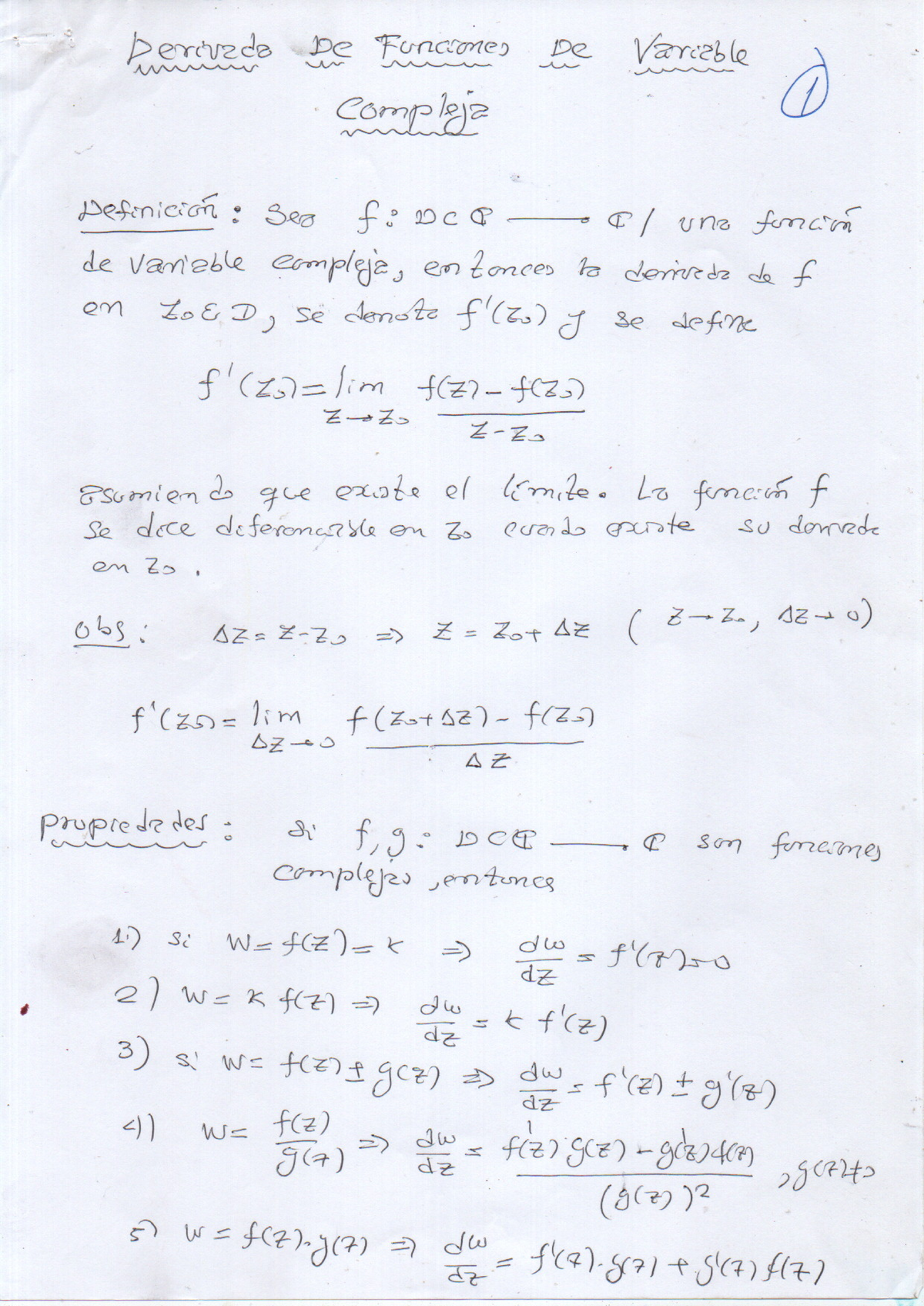 Derivadas de Funciones de Variable Compleja - Definiciones y Ejemplos - Studocu