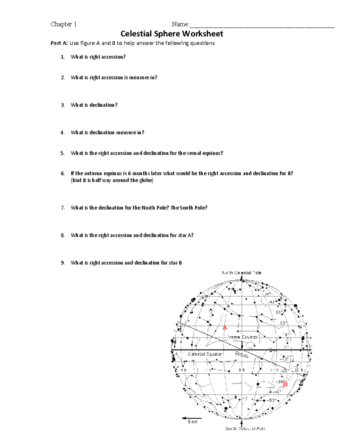 Chapter 1: Celestial Sphere Worksheet - Right Ascension & Declination ...