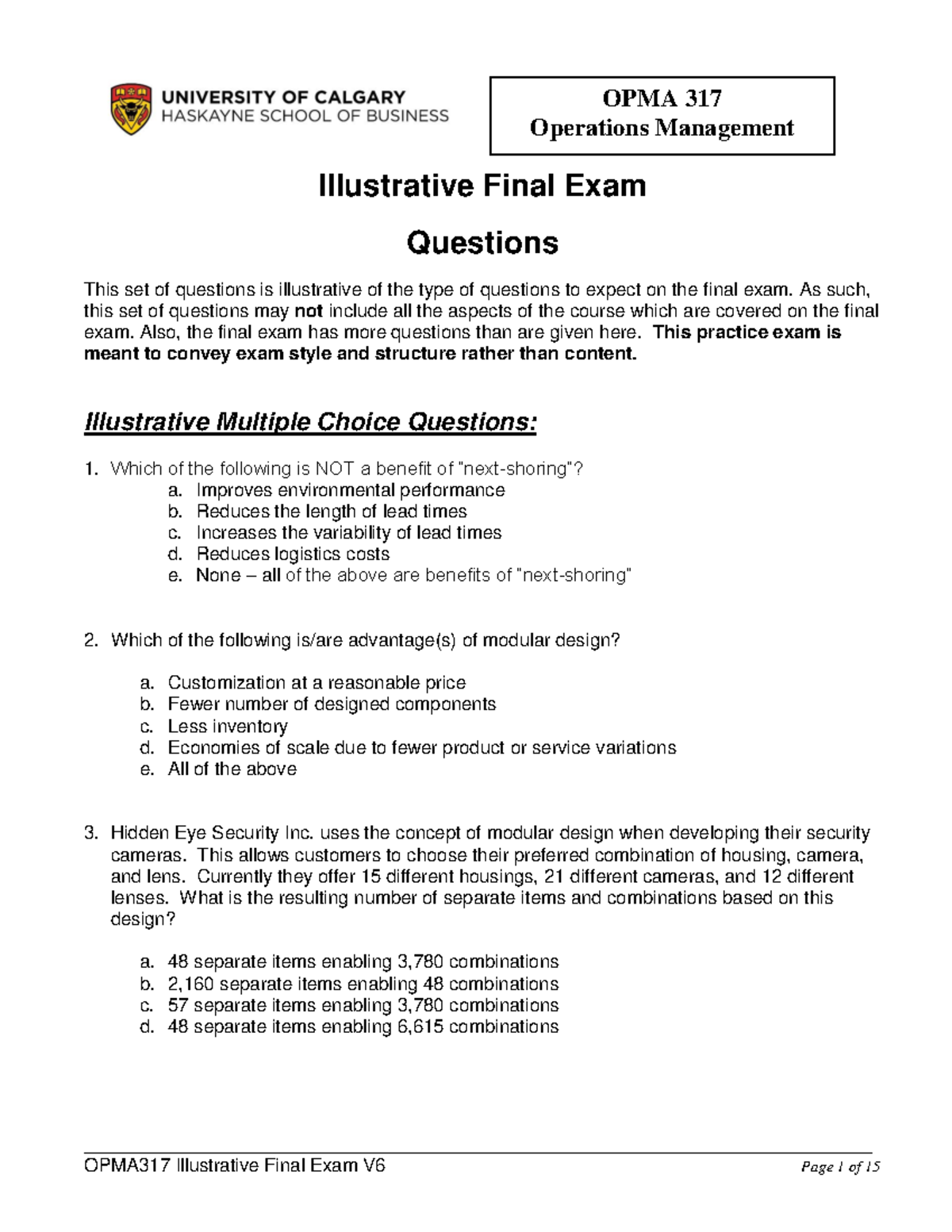 3) OPMA 317 Illustrative Final Exam & Solns V6 - - Studocu