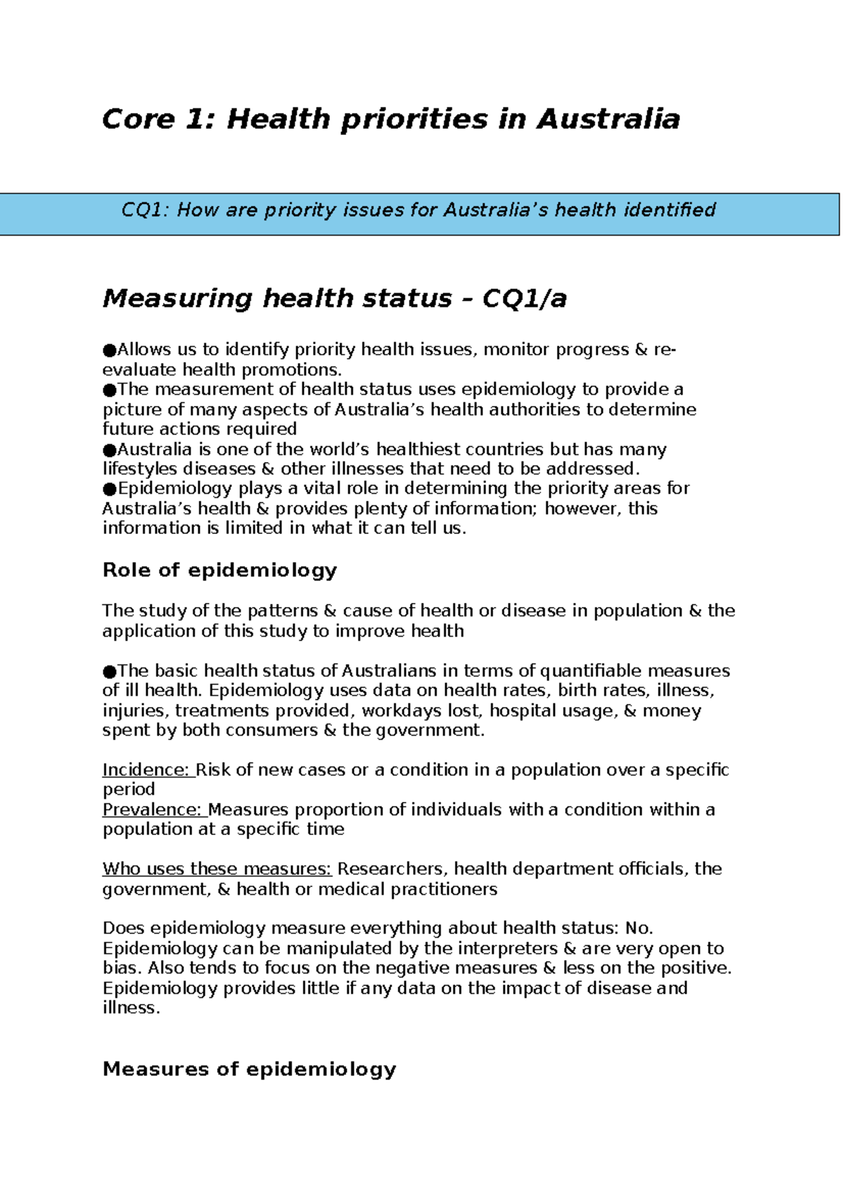 Core 1: Health Priorities in Australia - Comprehensive PDHPE Notes ...