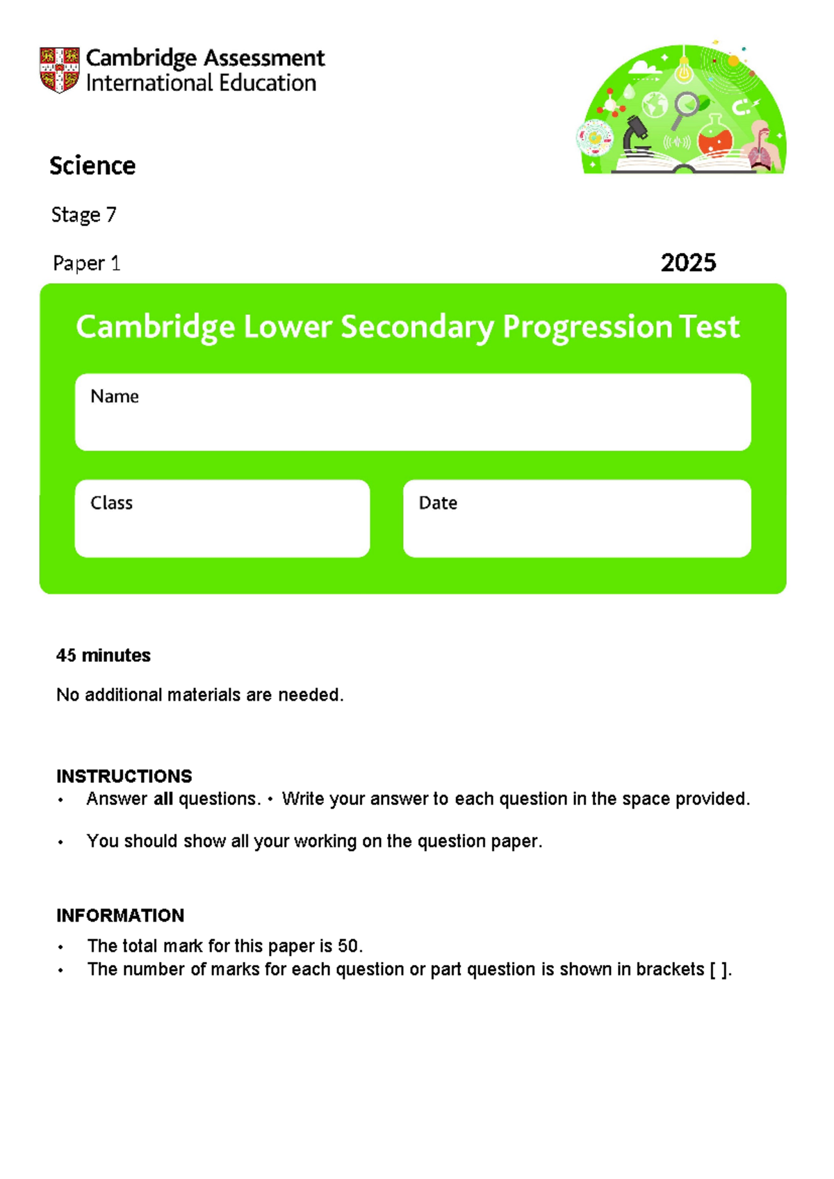 Stage 7 Science Paper 1 QP 2025 - Exam Questions and Instructions - Studocu