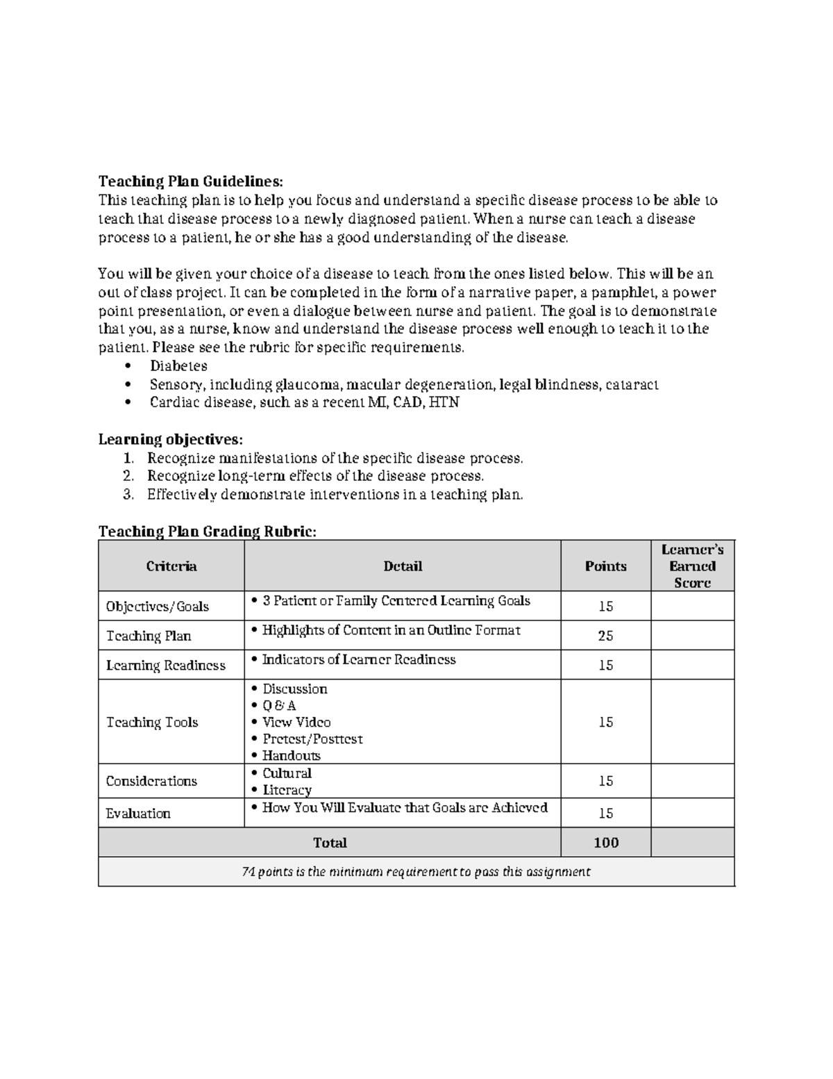 Teaching Plan Guidelines for NUR170: Patient Education on Disease ...