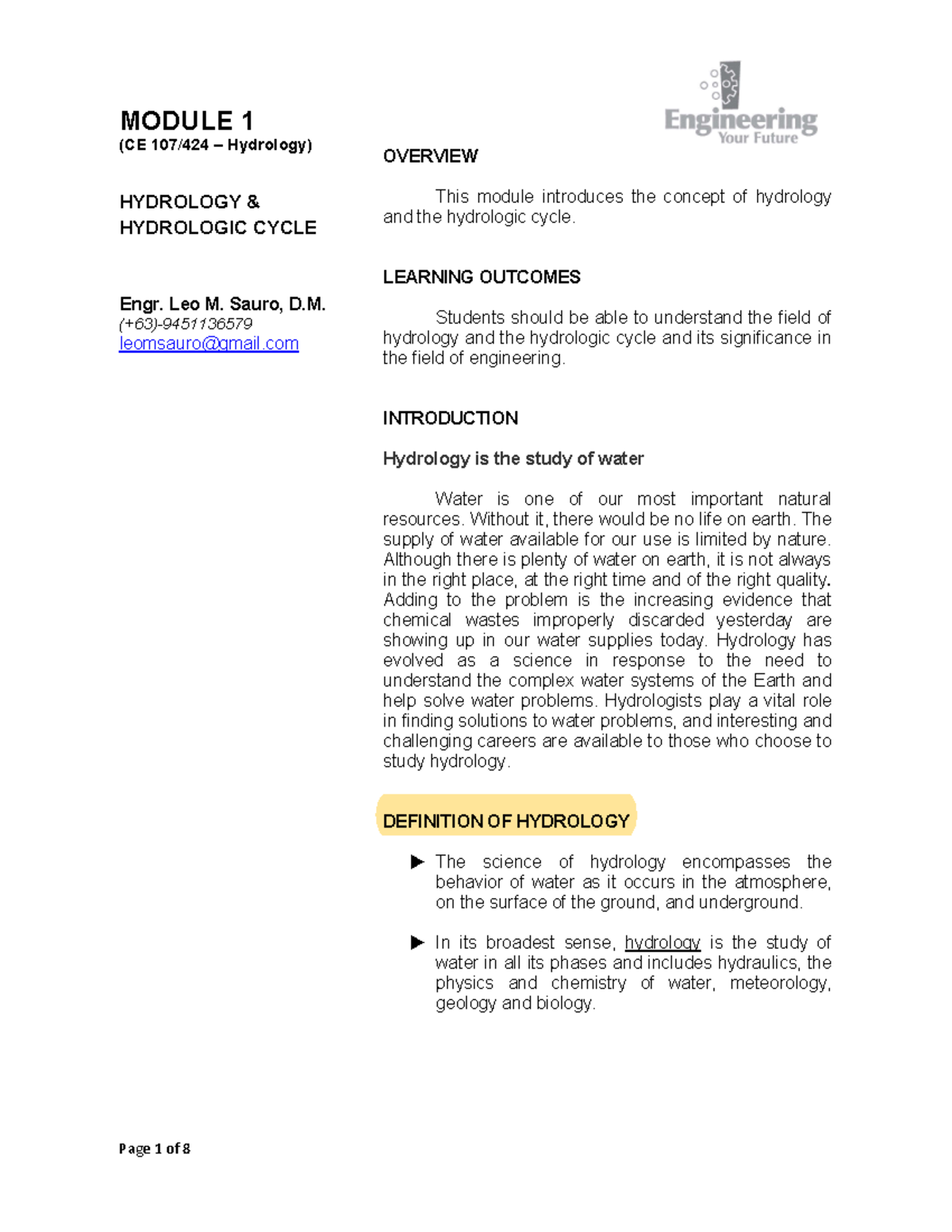 CE 107/424 - Module 1: Fundamentals of Hydrology and Hydrologic Cycle ...
