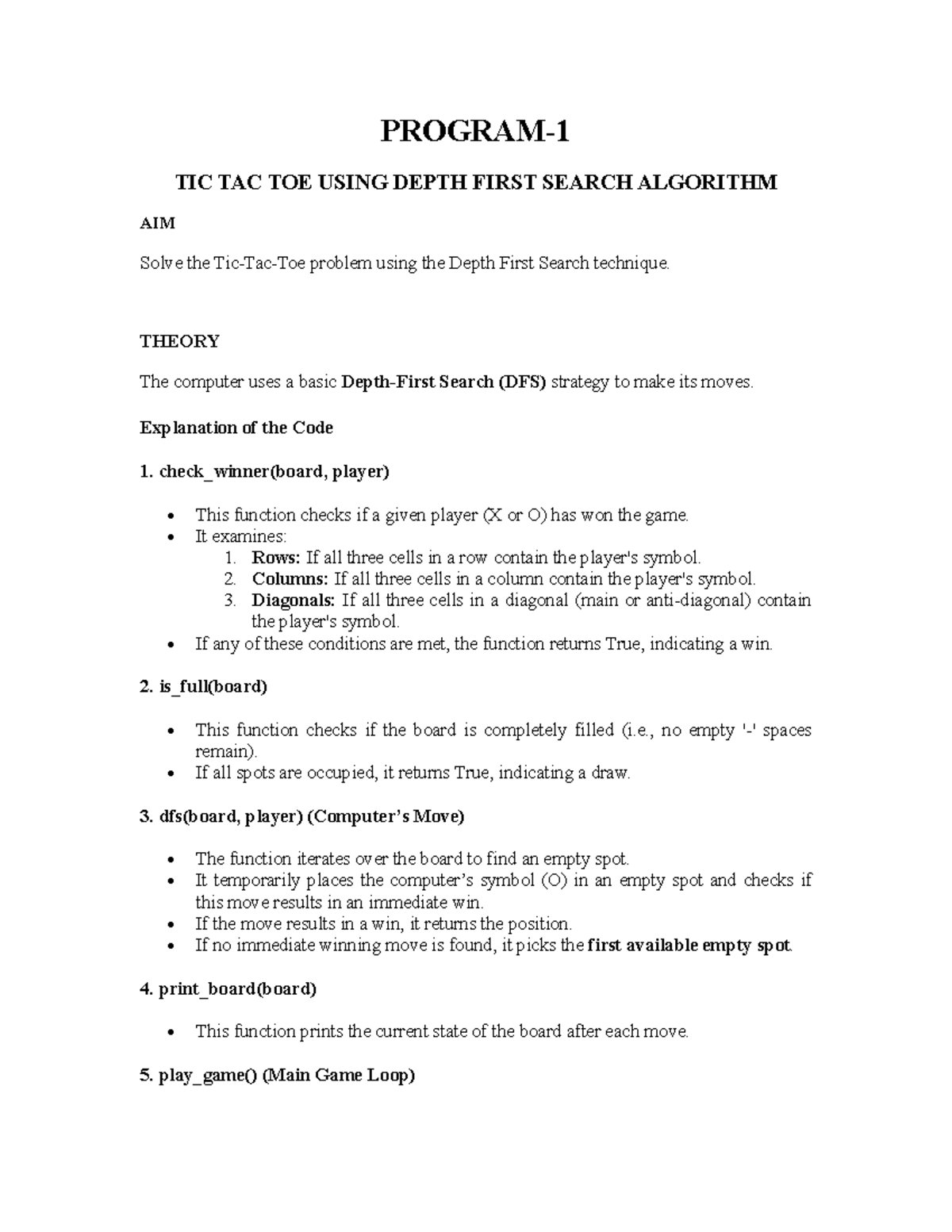 TIC TAC TOE: DFS Algorithm Implementation (EXP1-1) - Studocu