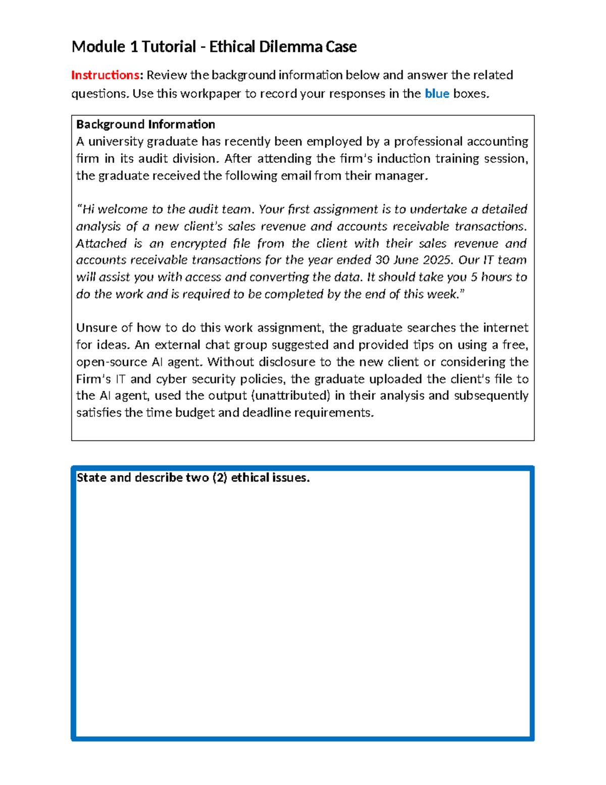 Module 1 - Ethical Dilemma Case Study Instructions and Analysis - Studocu