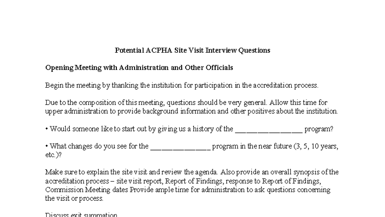 ACPHA Site Visit Interview Questions for Accreditation Process - Studocu