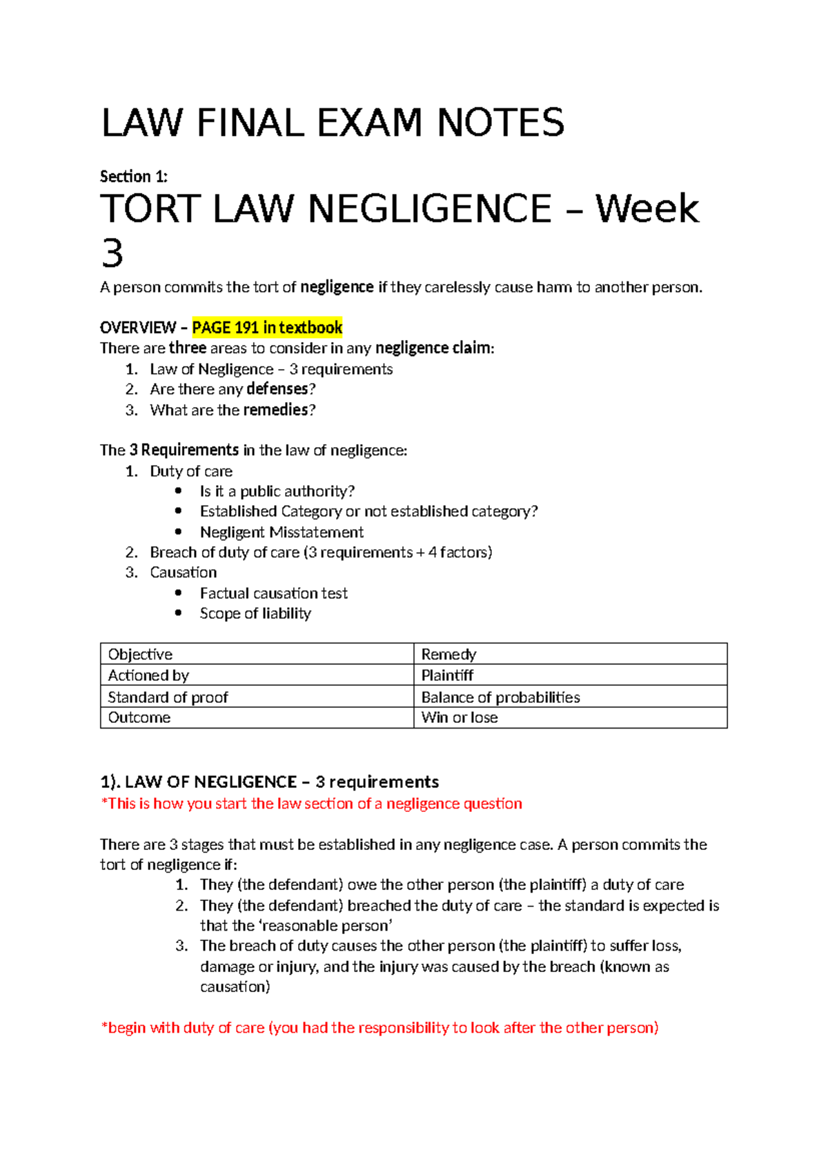 LAW 101: Final Exam Notes on Tort Law - Key Concepts in Negligence ...