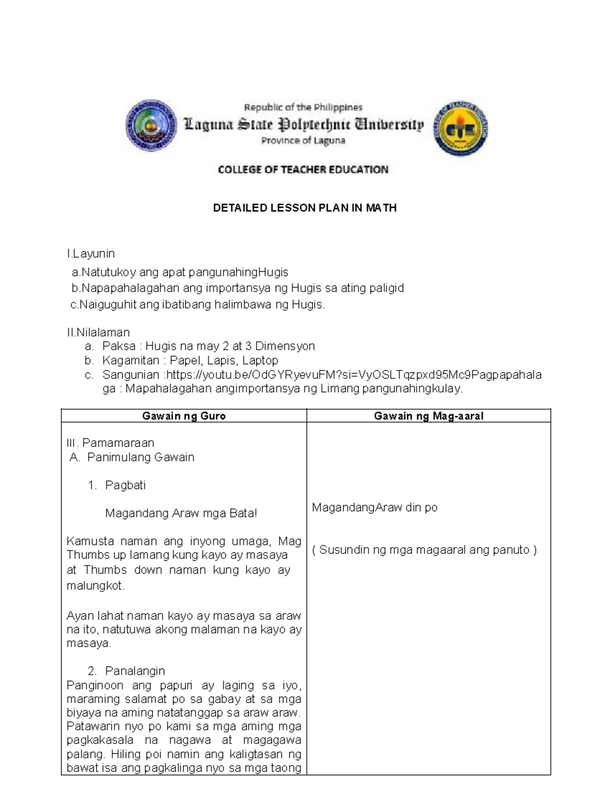 Teaching LP MATH Final - Lesson Plan on Shapes and Dimensions - Studocu