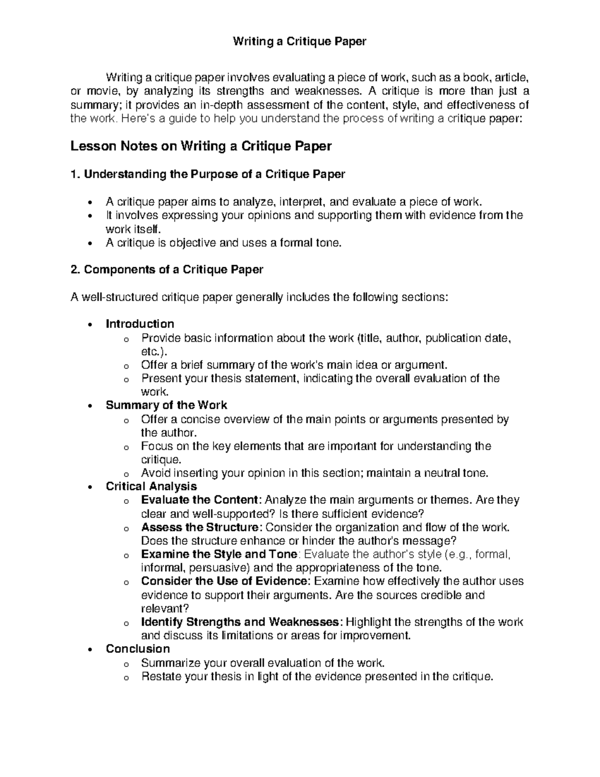 Writing a Critique Paper: Key Components and Process Guide - Studocu