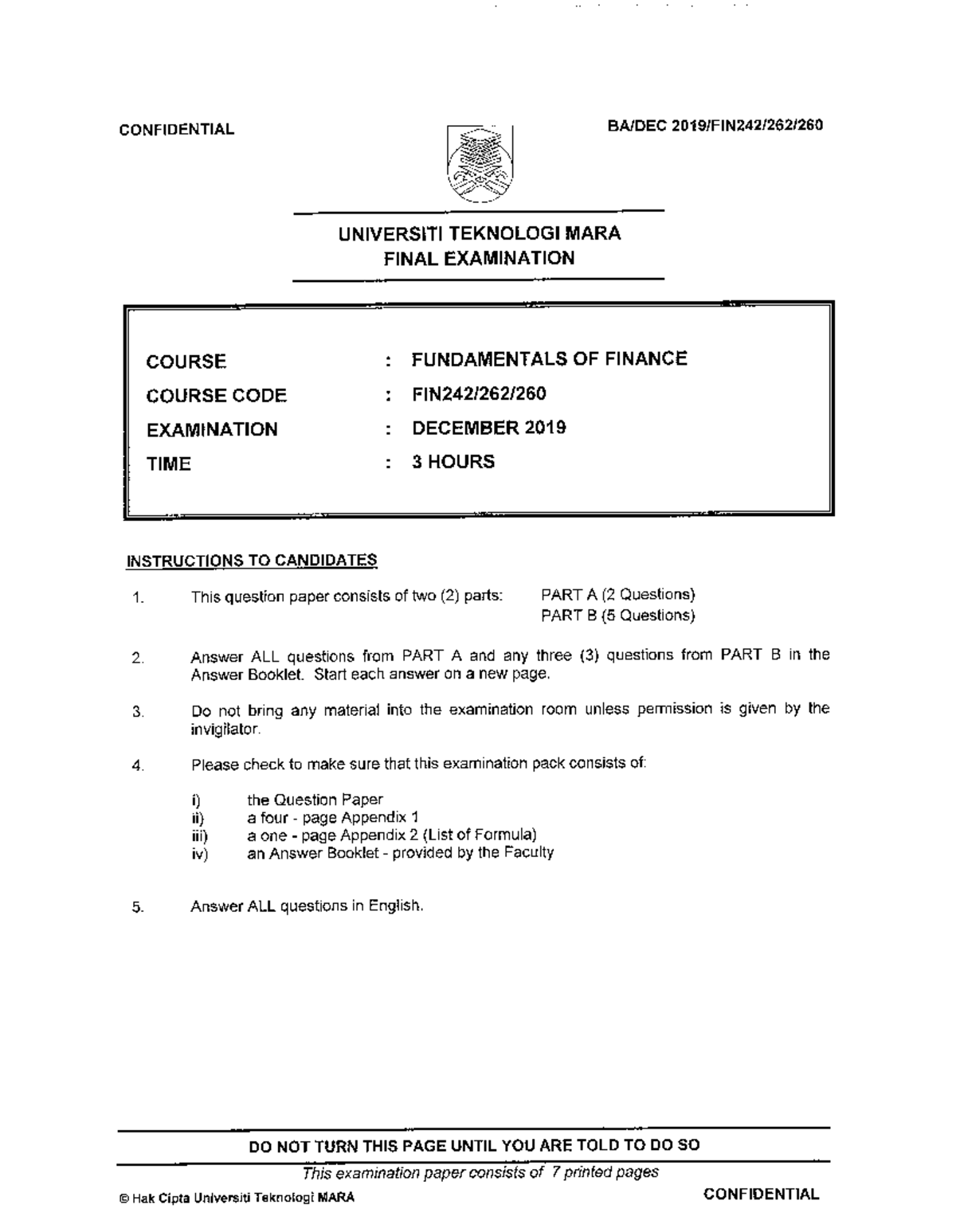 FIN242 Final Exam Questions - December 2019 at Universiti Teknologi ...